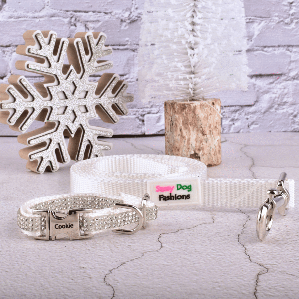 Engravable White Crystal Wedding Dog Collar & Leash